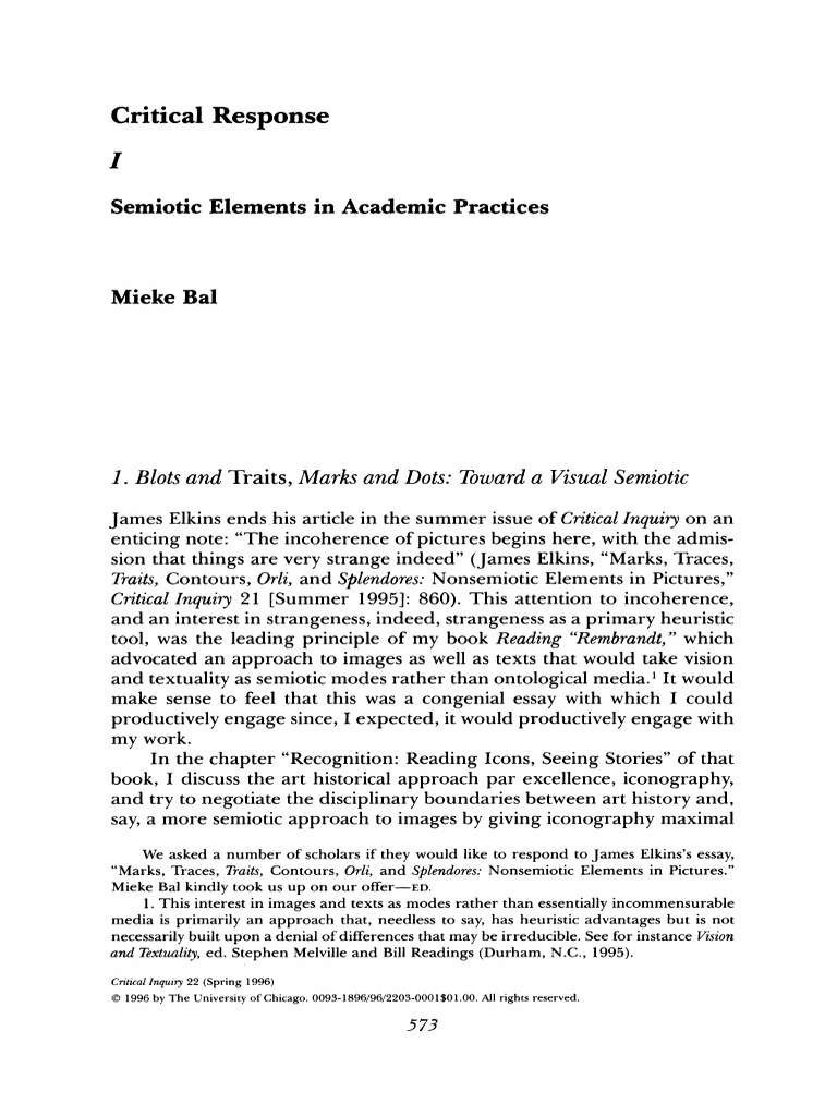 Bal, Mieke (1996) - Semiotic Elements in Academic Practices | PDF ...