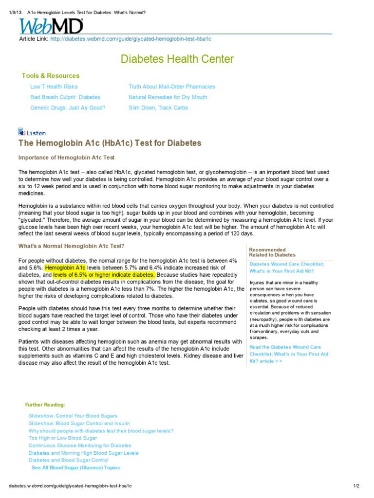 A1c Hemoglobin Levels Test for Diabetes_ What's Normal | PDF | Glycated ...