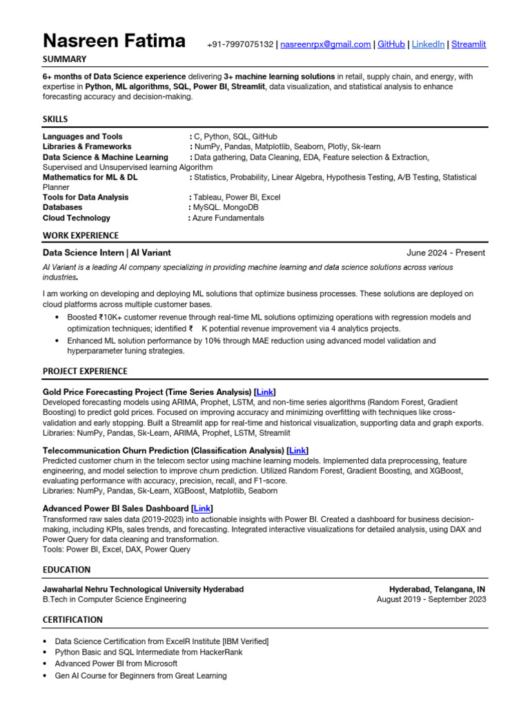 Nasreen F Resume SP | PDF | Machine Learning | Data Science