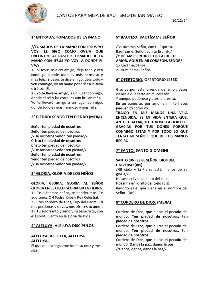 Cantos Misa de Bautismo Ian Mateo 2024 | PDF | eucaristía | Cristo (título)