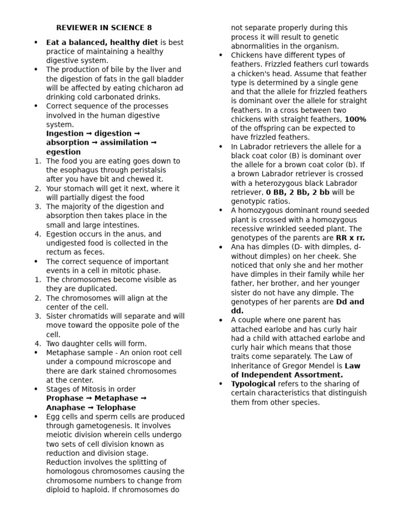 REVIEWER-IN-SCIENCE-8 | PDF | Dominance (Genetics) | Mitosis