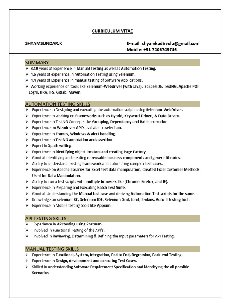 Resume Shyamsundar.K | PDF | Selenium (Software) | Software Engineering
