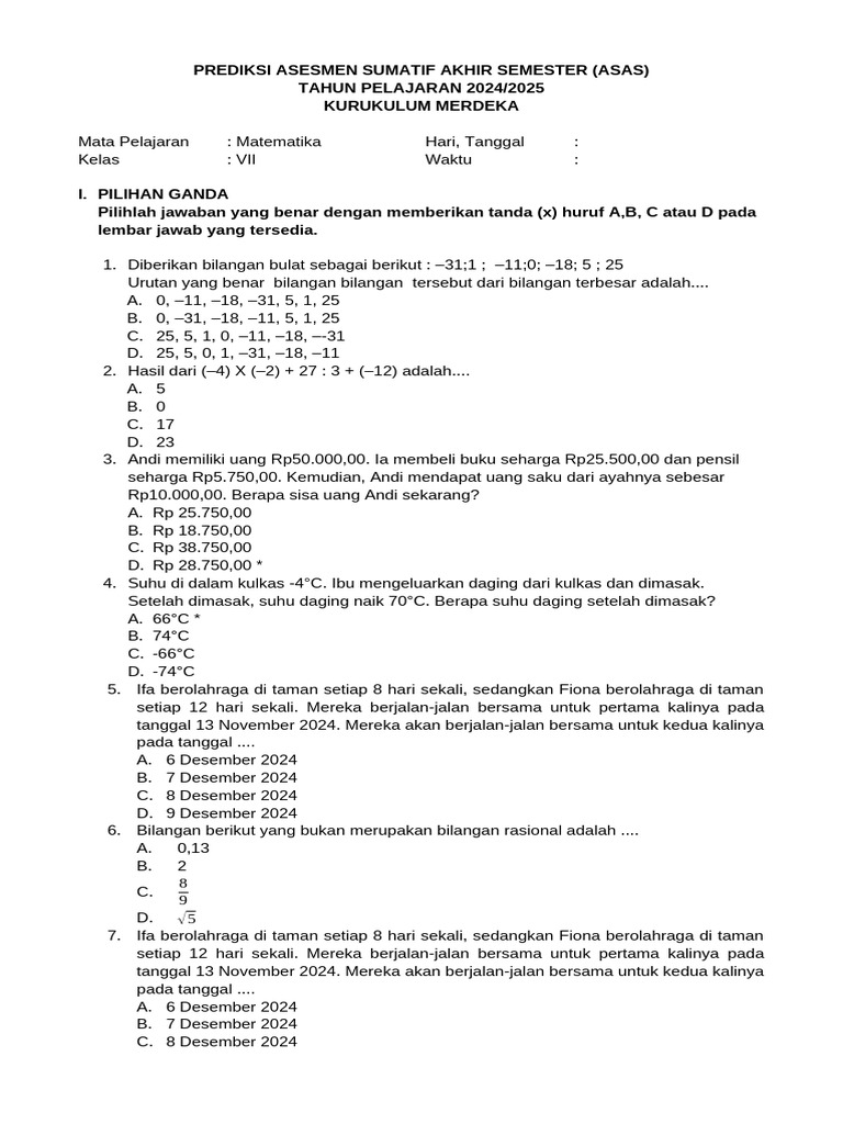 Kelas 7 - Prediksi Asesmen Sumatif Akhir Semester-1 | PDF