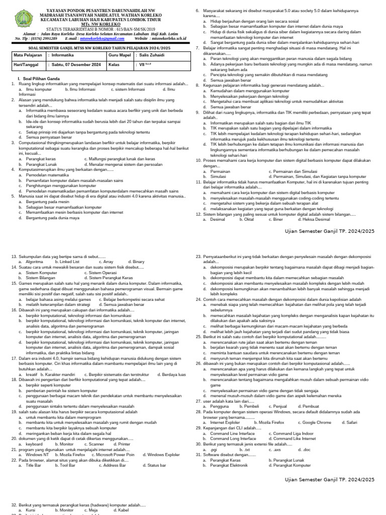 FORMAT SOAL PAS GANJIL 2024-2025 Kelas 7 | PDF