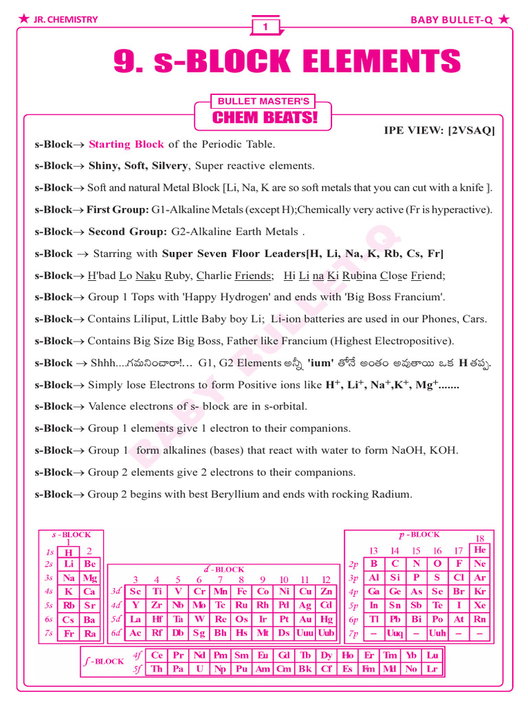 9 s Block Elements | PDF | Chemical Substances | Physical Sciences