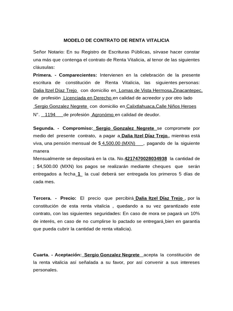 Contrato De Renta Vitalicia Ejemplo Pdf
