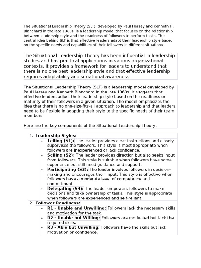 The Situational Leadership Theory | PDF | Behavioural Sciences ...