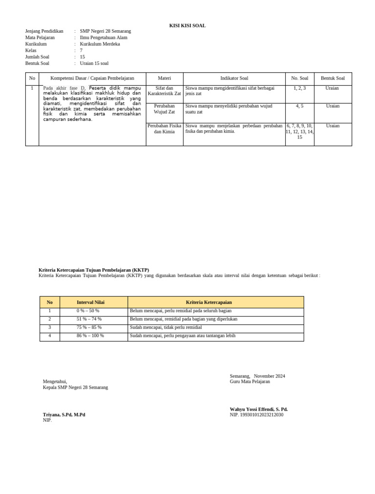 KISI-KISI ASESMEN SUMATIF BERSAMA IPA KELAS 7 | PDF