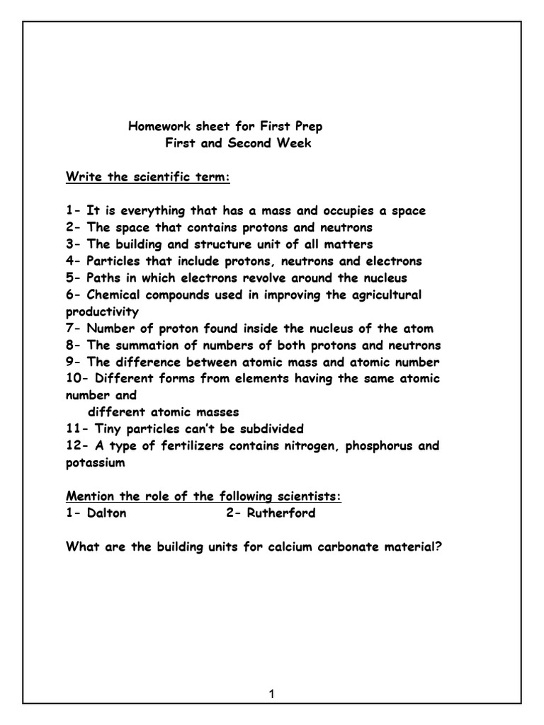 01 Home Worksheet 1st & 2nd Weeks | PDF | Atoms | Proton