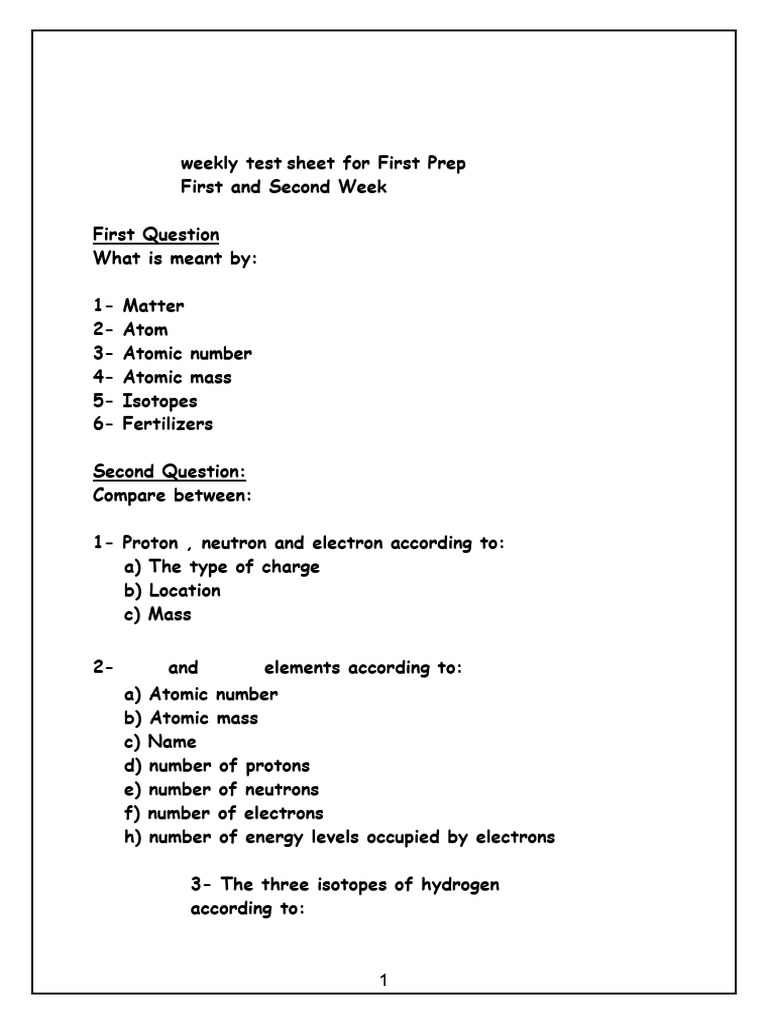 01 Week Worksheet 1st & 2nd Weeks | PDF | Atoms | Neutron