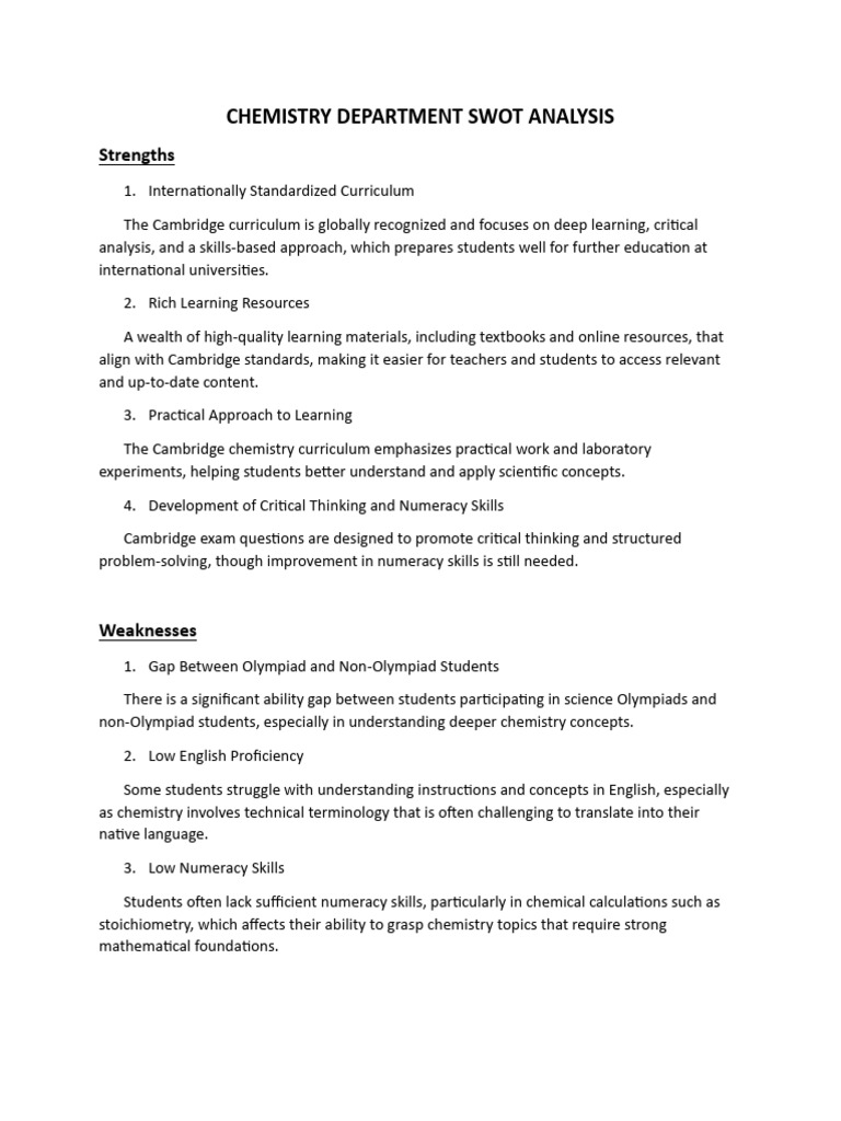 Chemistry Department SWOT Analysis | PDF | Teachers | Curriculum