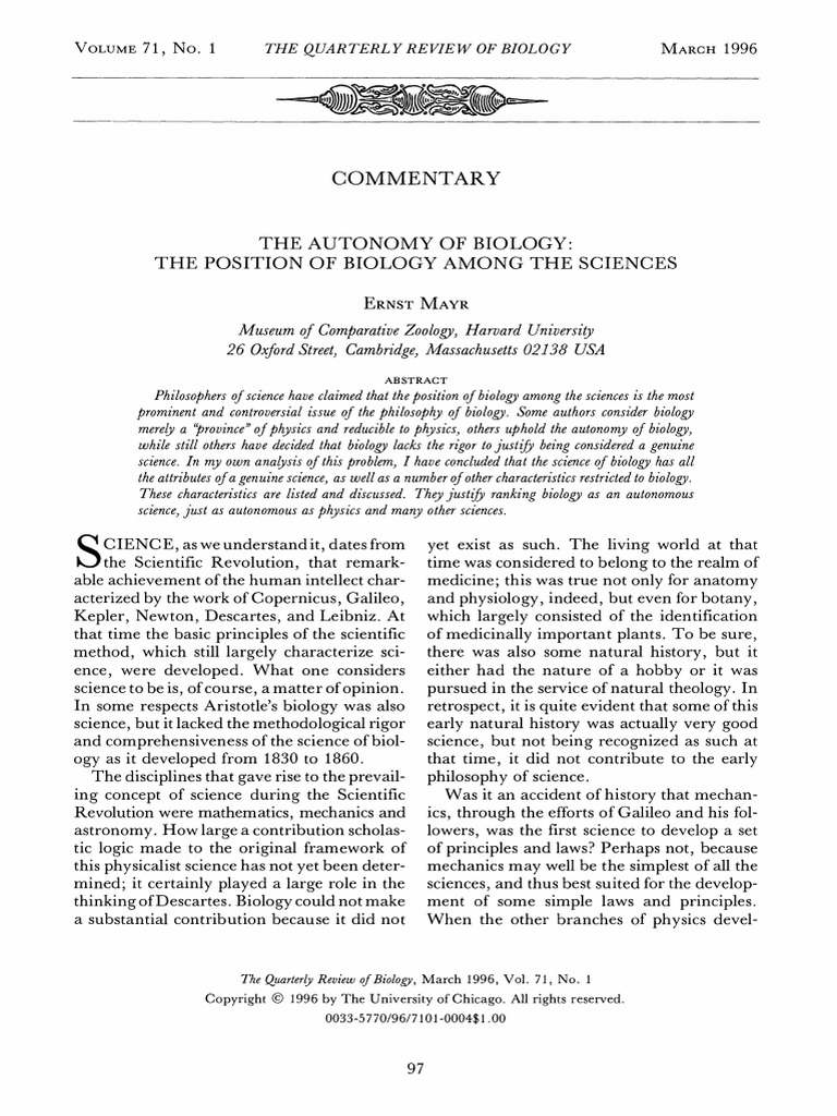 The Autonomy of Biology - The Position of Biology Among The Sciences ...