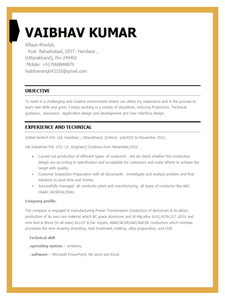 Vaibhav Kumar's Resume and Experience | PDF