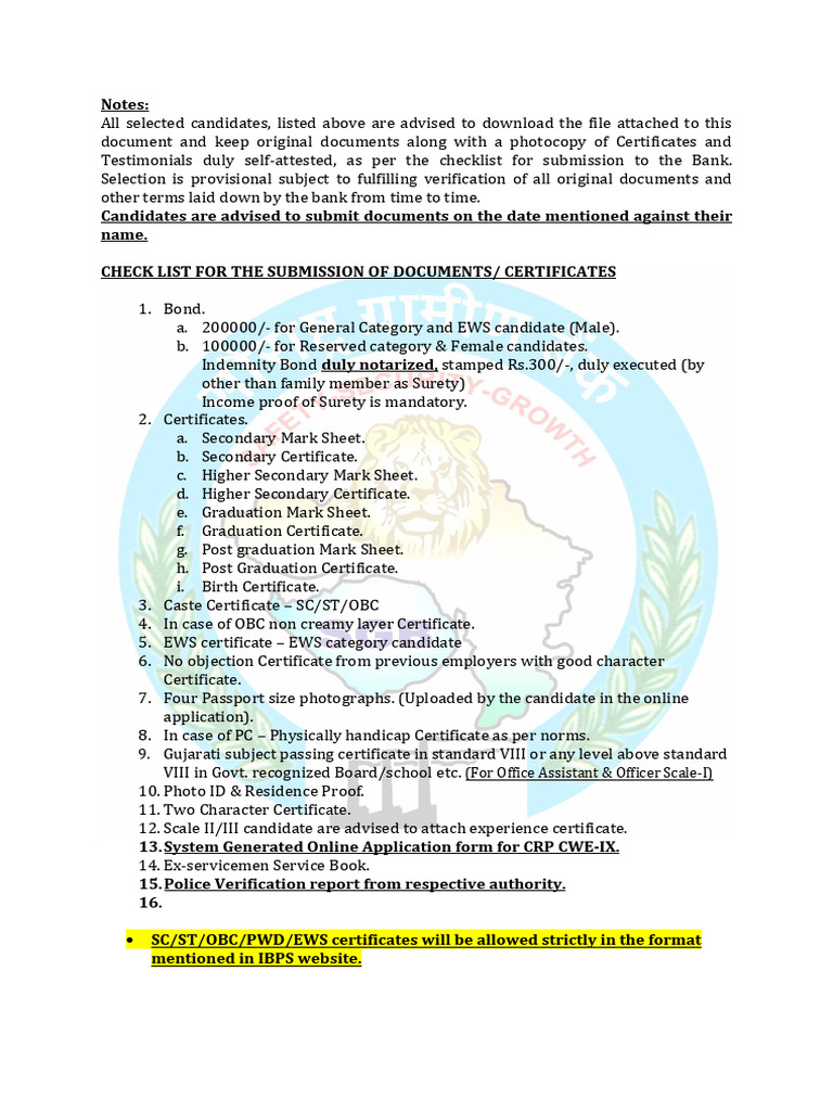 Documentation Guideline for Officer Scale I RRB-IX MAIN LIST | PDF ...