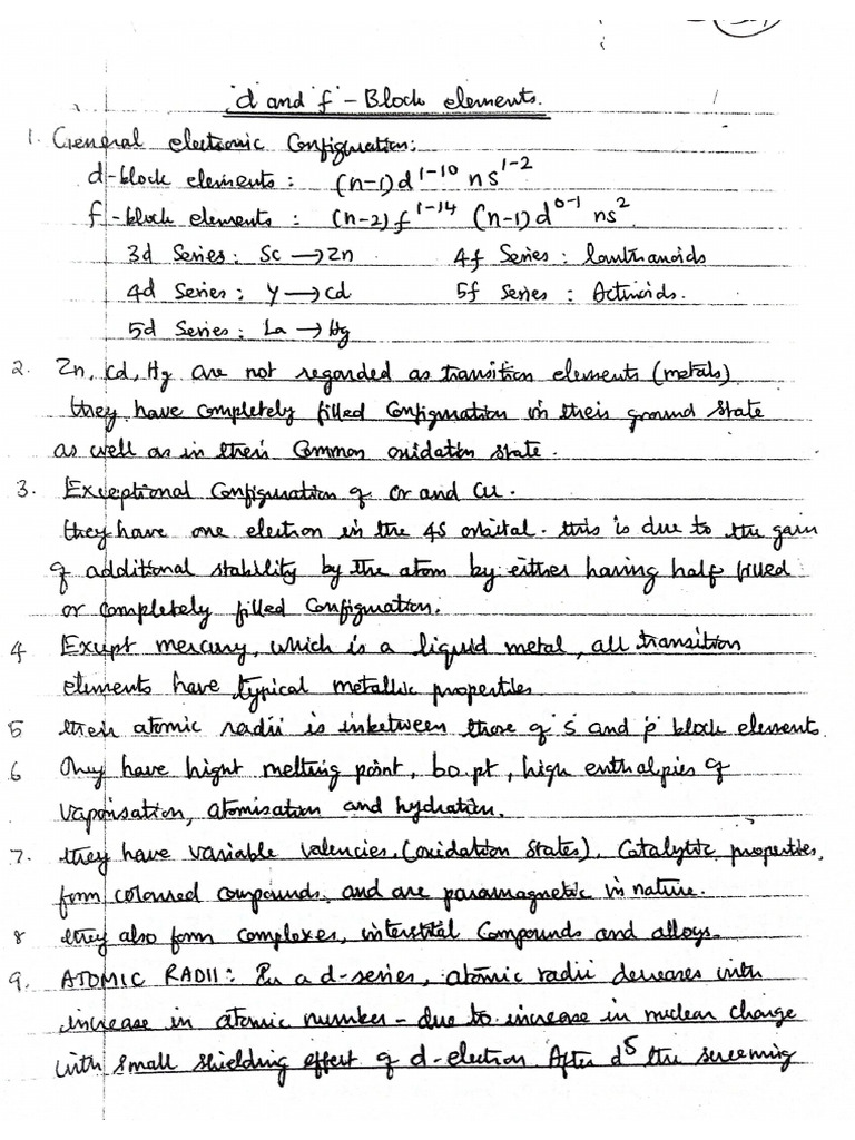 D and F Block Elements Notes | PDF