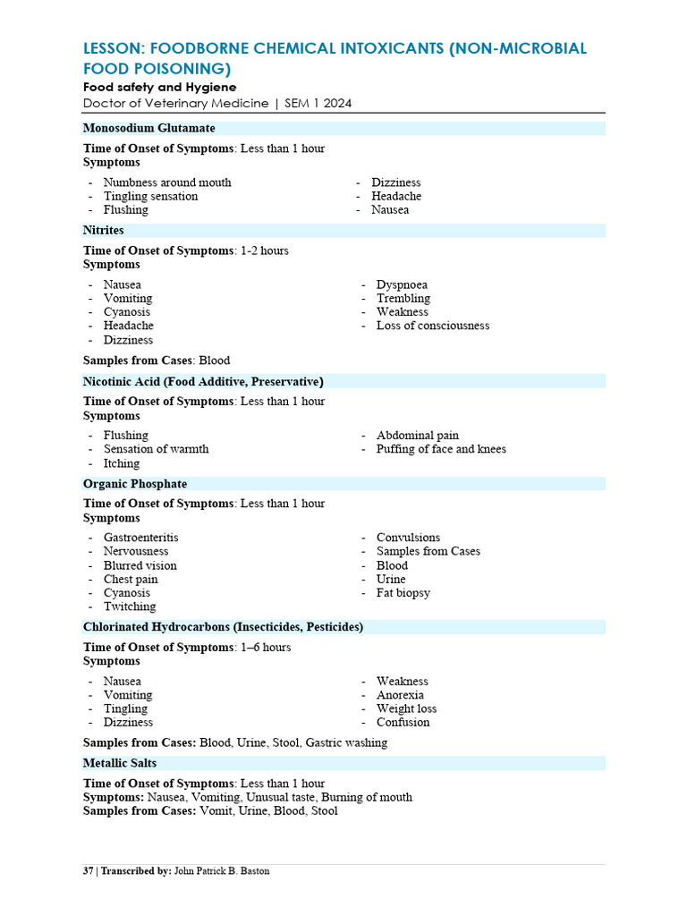 Food Borne Chemical Intoxicants | PDF | Nausea