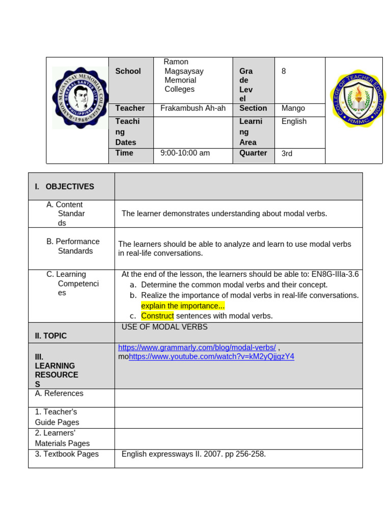 Sample-Lesson-Plan | PDF | Verb | Linguistics