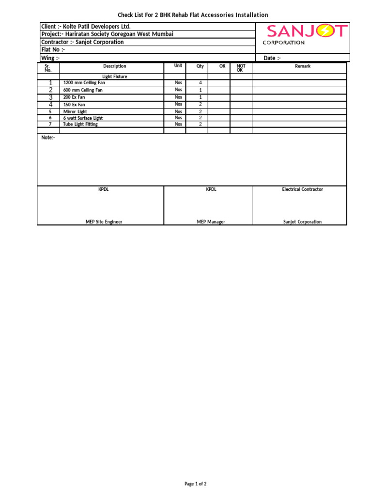 8 Rehab 3 BHK Flat Testing & Handover Check List | PDF
