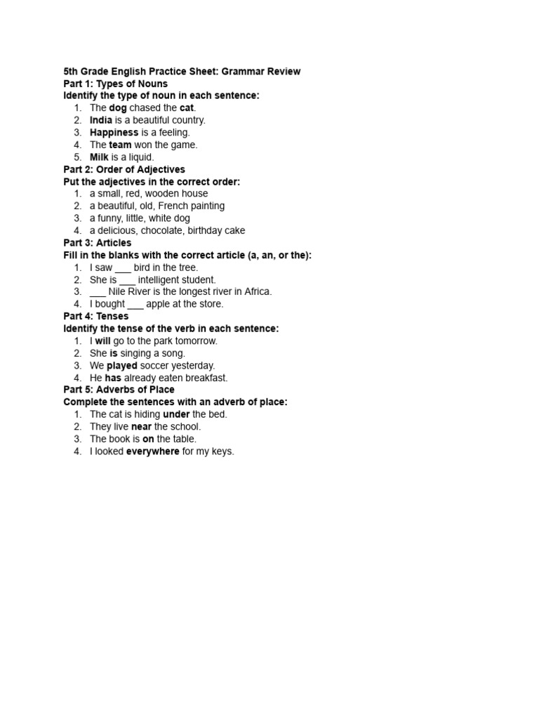 5th Grade Grammar Practice Worksheet | PDF