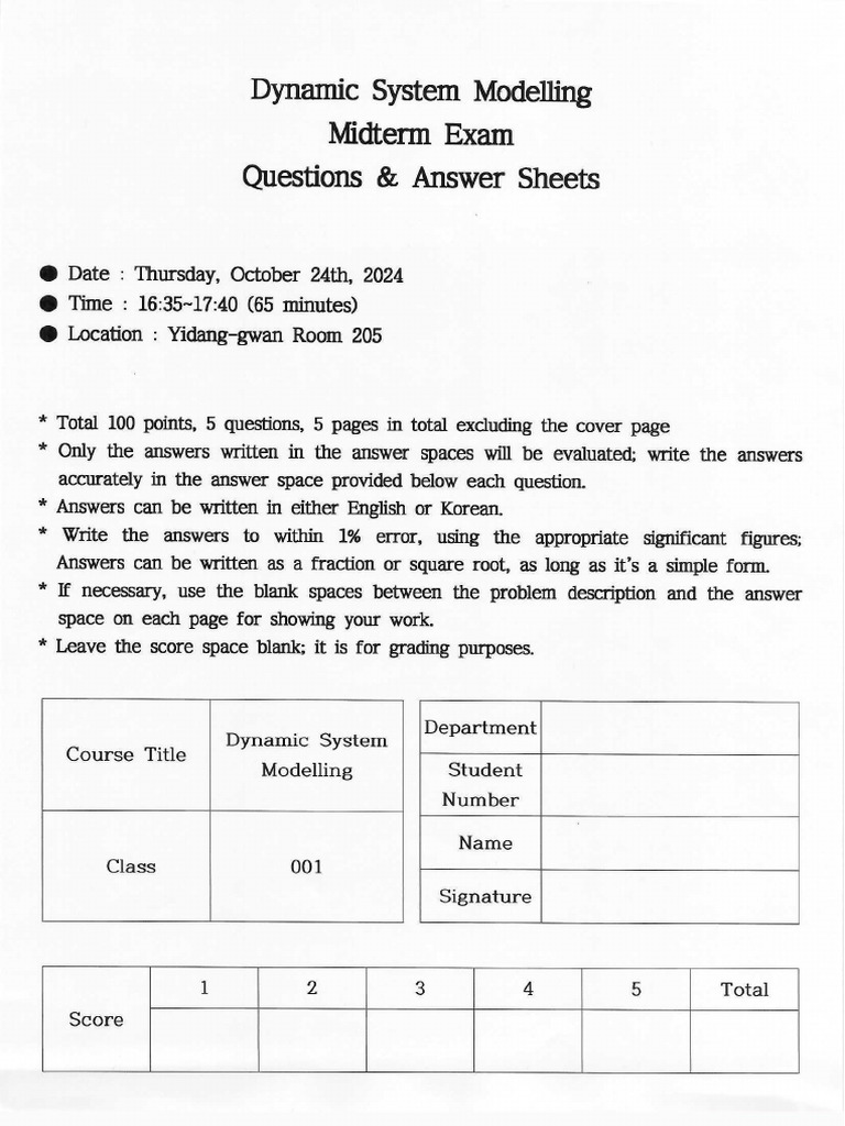 DynamicSystemModelling 2024 Midterm Sol Scan | PDF
