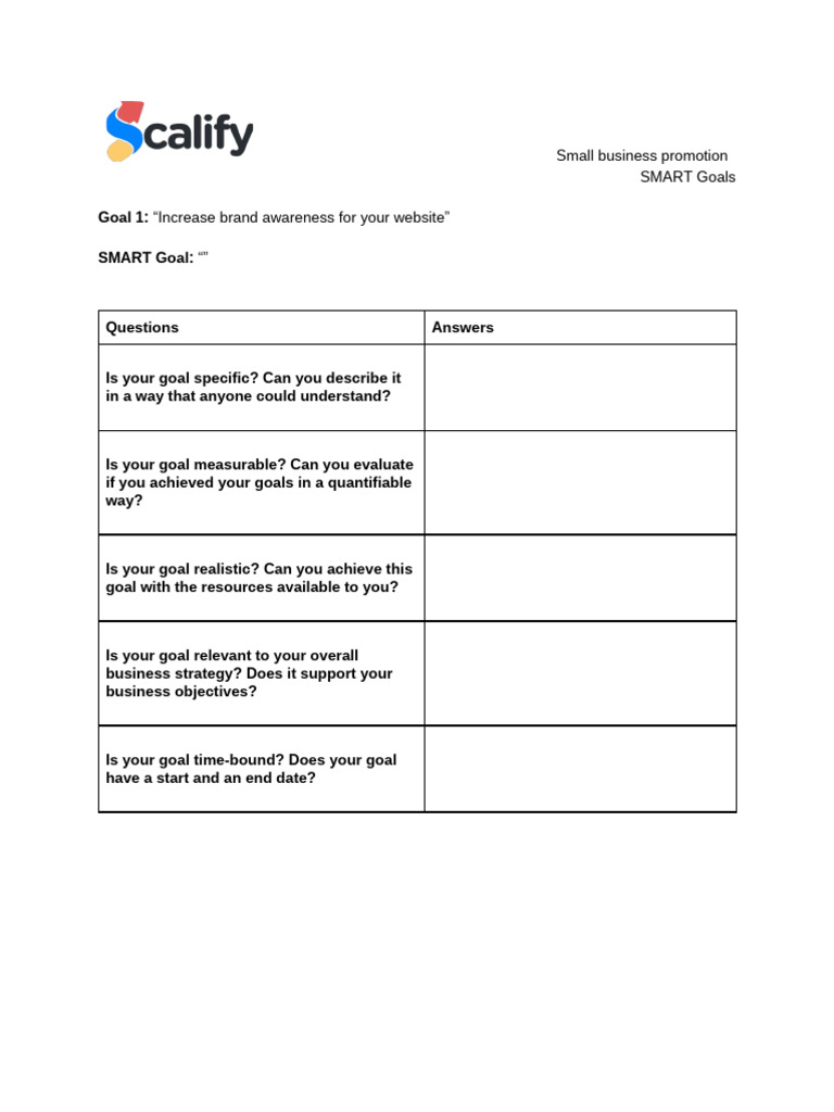 SMART Goals Template - Scalify Worksheet | PDF
