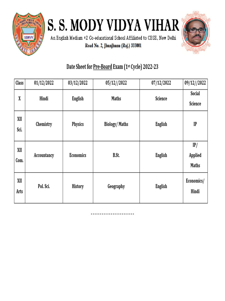 Pre-Board Exam Date Sheet 2022-23 | PDF