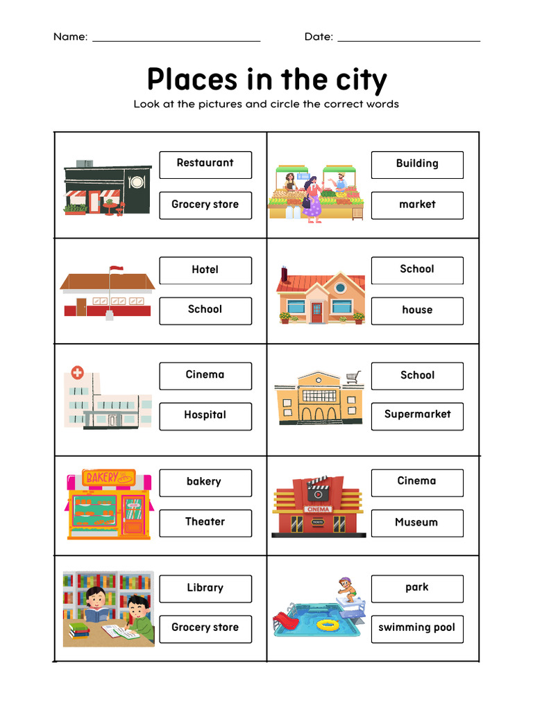 White Colorful Places In The City Vocabulary Worksheet | PDF