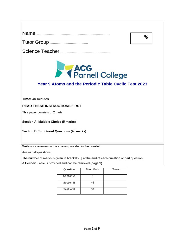 Year 9 Atoms & Periodic Table Test 2023 | PDF | Periodic Table | Atoms
