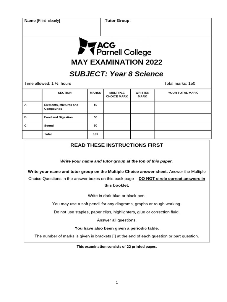 Year 8 Science May Exam 2022 Guide | PDF | Atoms | Digestion