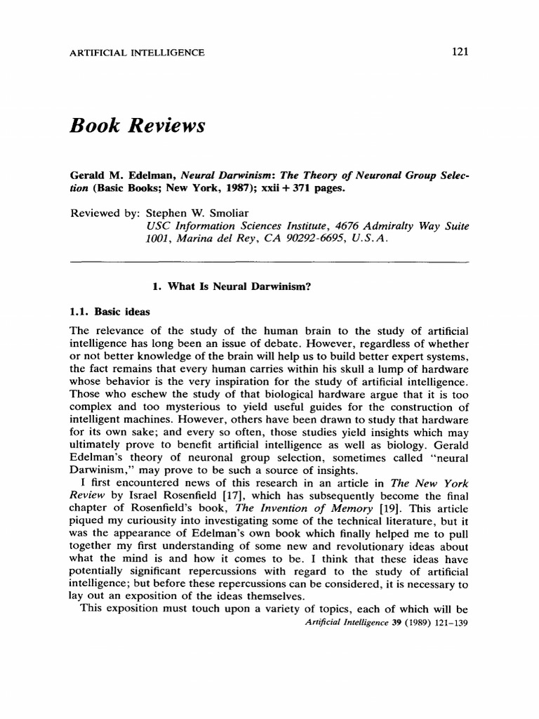 Book Reviews: Neural Darwinism: The Theory of Neuronal Group Selec-Tion ...