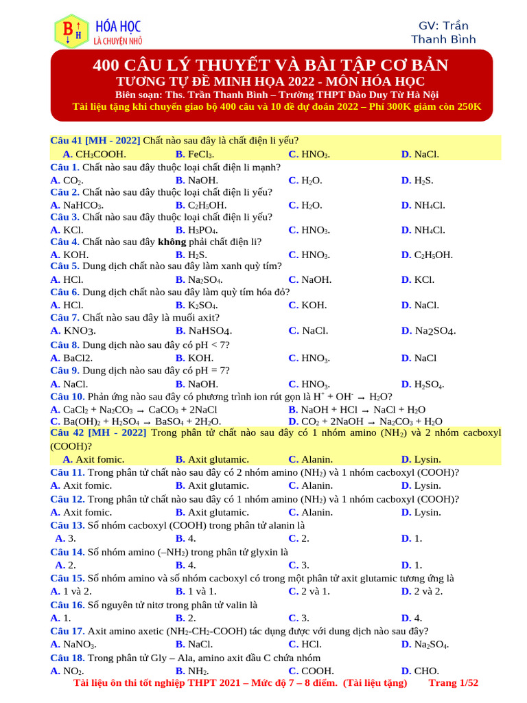 400 cau ly thuyet va bai tap co ban tuong tu de MH 2022. TTB - in (1) | PDF
