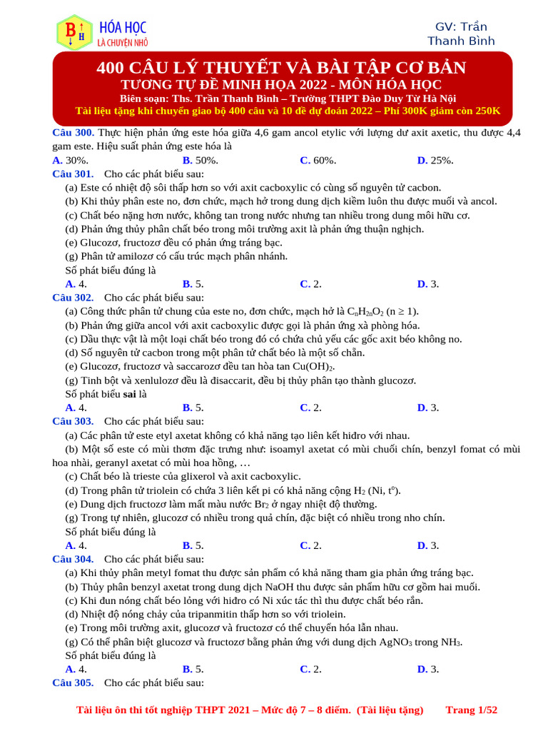 400 Cau Ly Thuyet Va Bai Tap Co Ban Tuong Tu de MH 2022. TTB - in | PDF