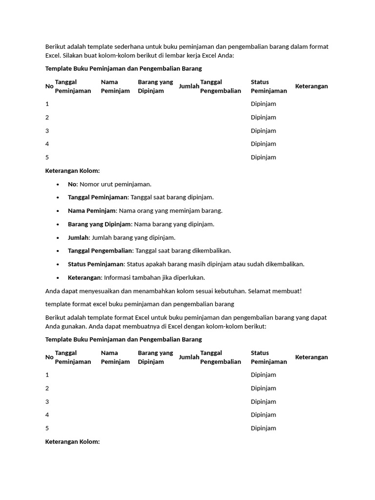 Template Buku Peminjaman Barang Excel | PDF