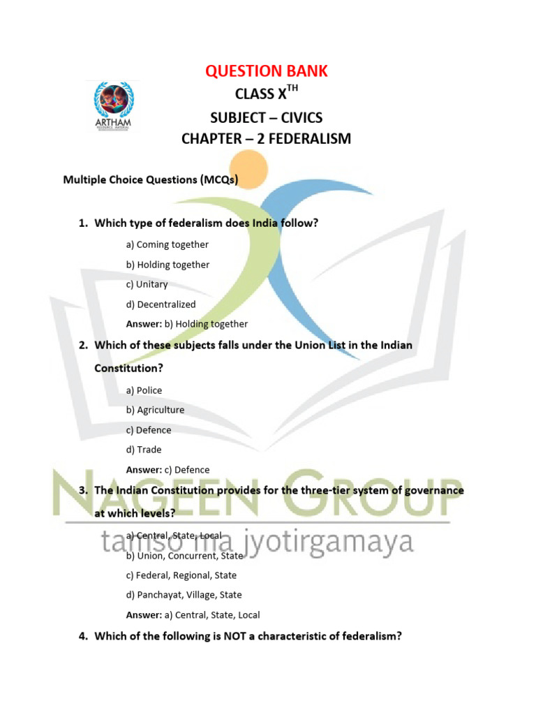 Class 10 Civics Chapter 2 Question Bank | PDF | Federalism | Multiculturalism