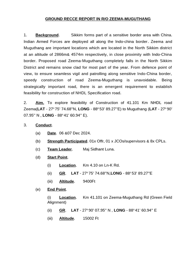 Recce Report Zeema-Muguthang 20 Dec24 | PDF | Physical Geography ...