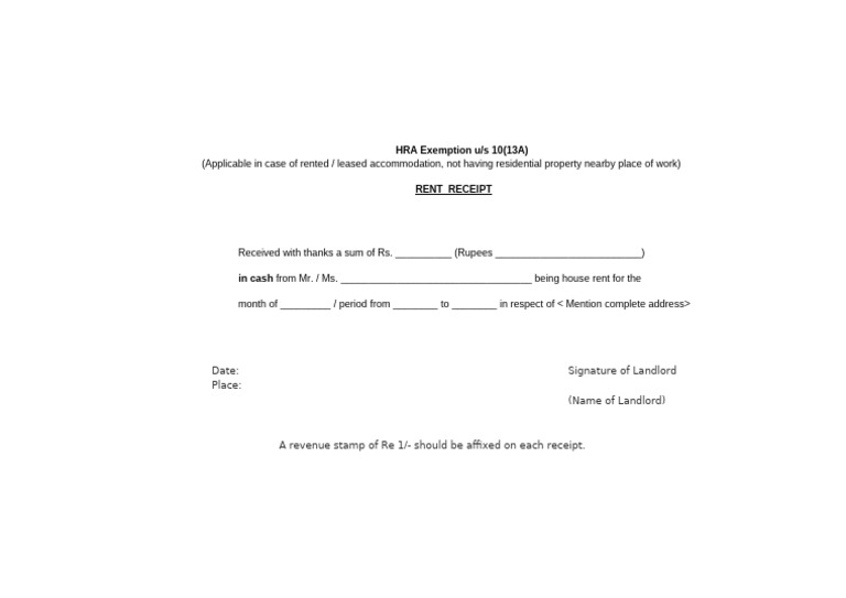 Format of Rent Receipt For HRA Relief FY 2019-20 (For Payment in Cash ...
