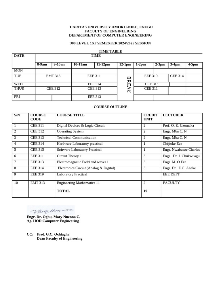 2024-2025 First Semester Timetable | PDF | Electrical Engineering | Computing