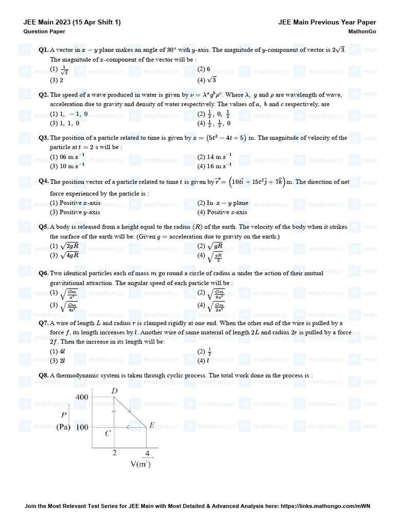 JEE Main 2023 Physics Question Paper | PDF | Chloride | Chemical Reactions
