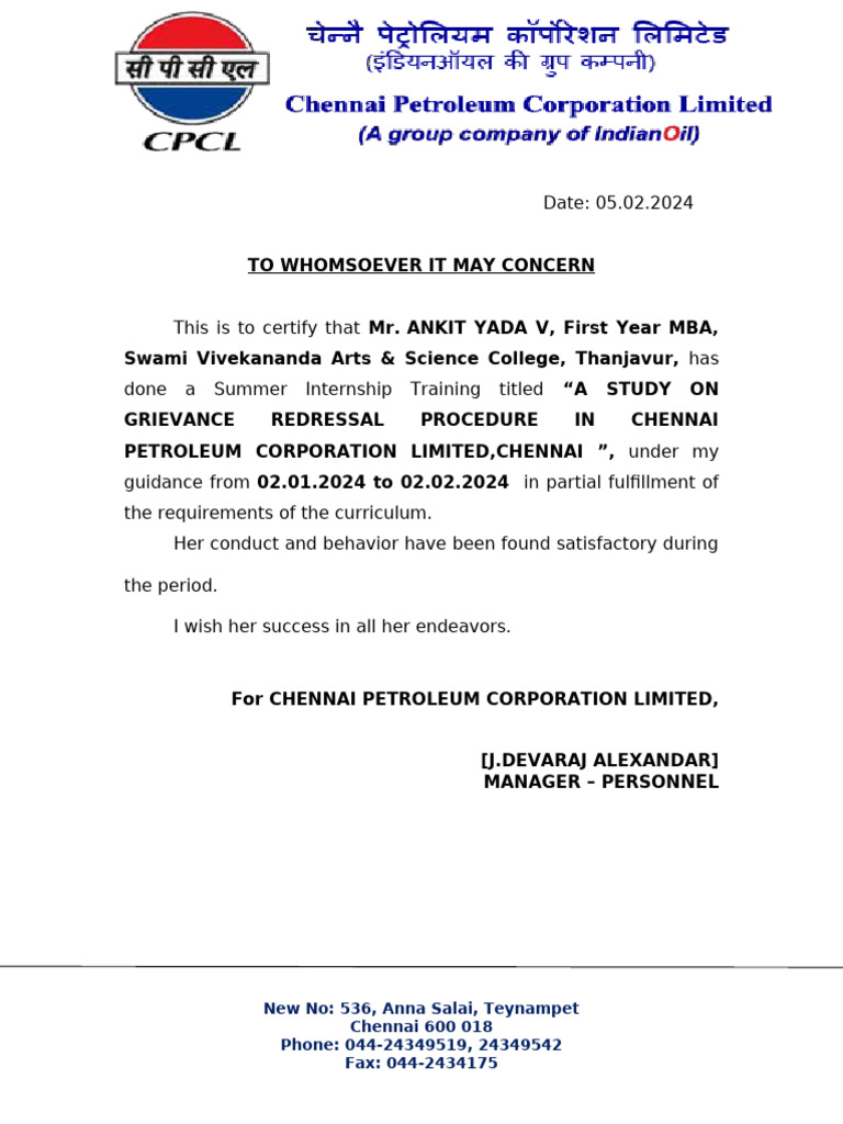 Company Certificate CPCL | PDF