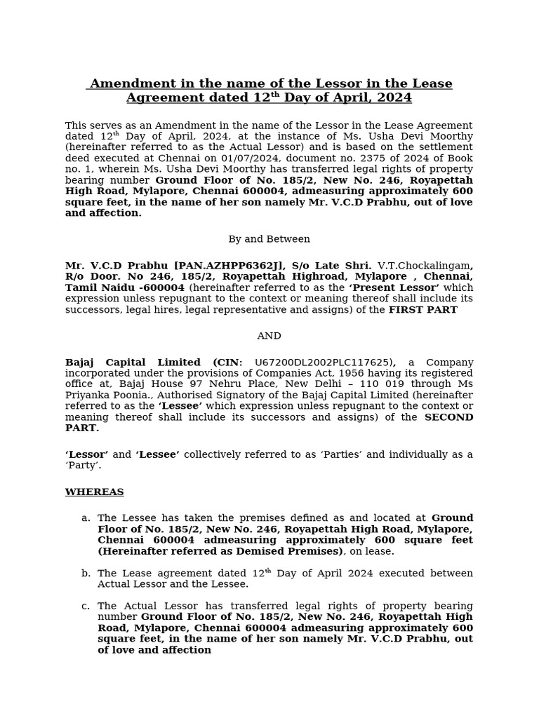 Lease Agreement Lessor Name Amendment | PDF | Lease | Land Law