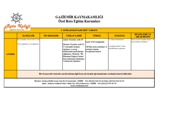 8.sinif 4-8 Eki̇m Haftalik Ödevleri̇ | PDF
