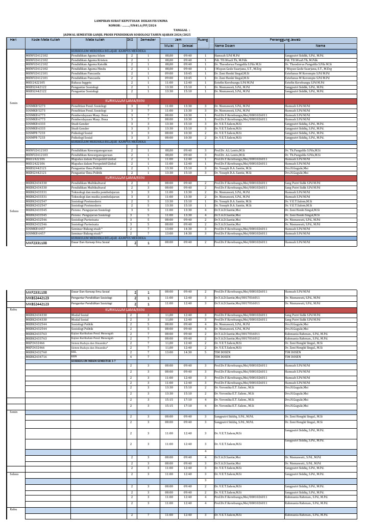 Jadwal Semester Ganjil Tahun 2024 Fixxx | PDF