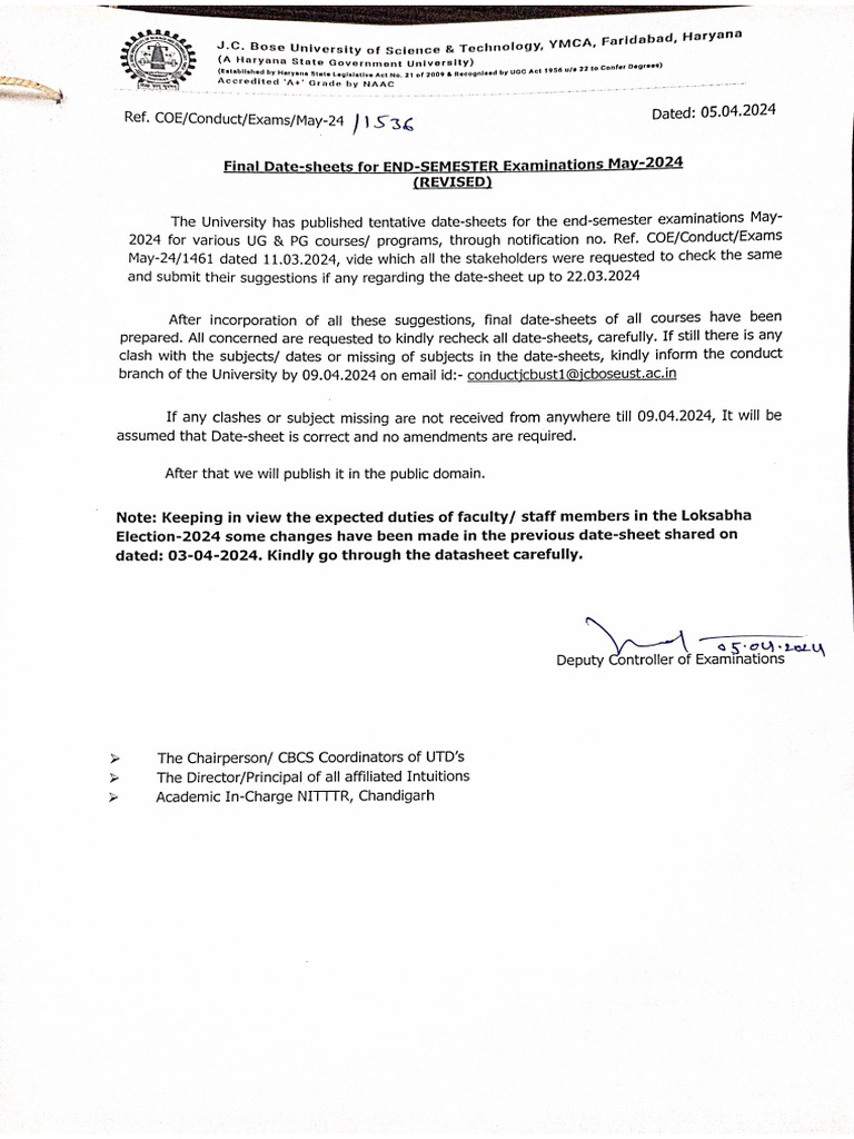Revised Final Date-sheet for END-Semester Examination May-2024 | PDF