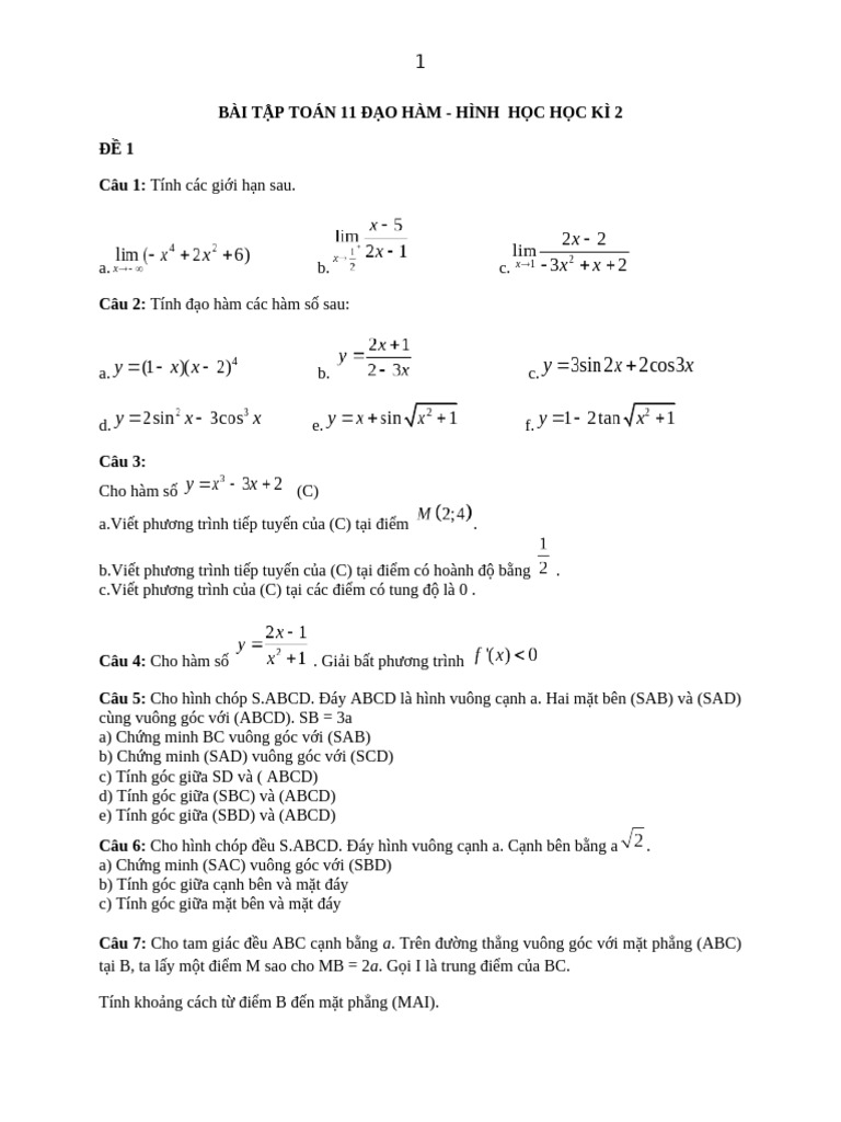 BÀI TẬP TOÁN 11 ĐẠO HÀM HÌNH HỌC 11 HK2 | PDF