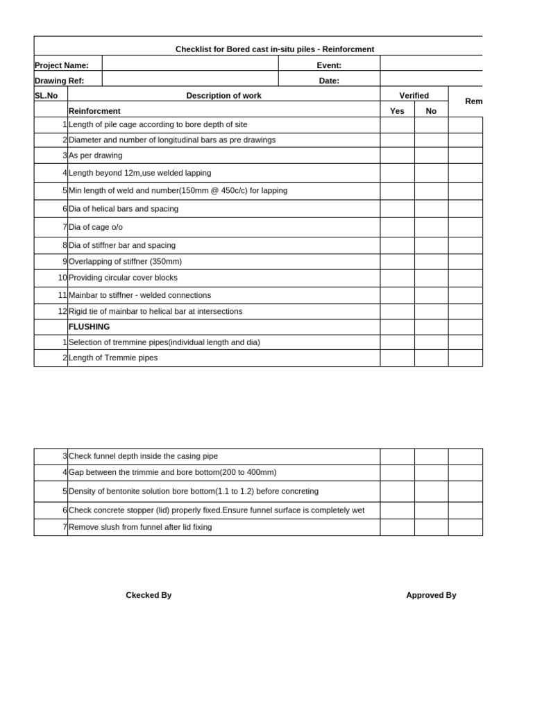 Checklist for Bored Cast in-situ Piles Reniforcment | PDF
