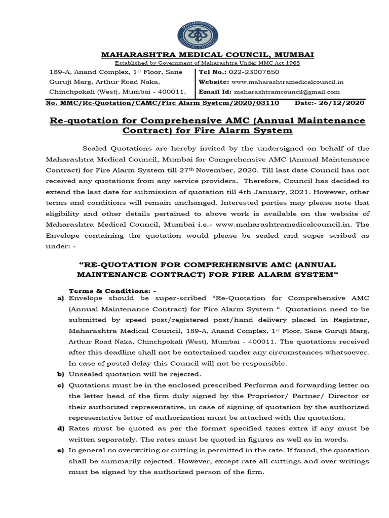Announcements - 26122020 - Re-Quotation For Comprehensive AMC (Annual ...