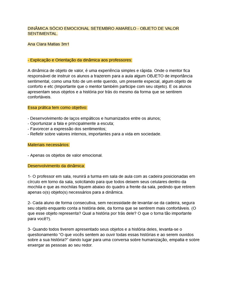 Dinâmica Sócio Emocional Setembro Amarelo - Objeto de Valor Sentimental ...
