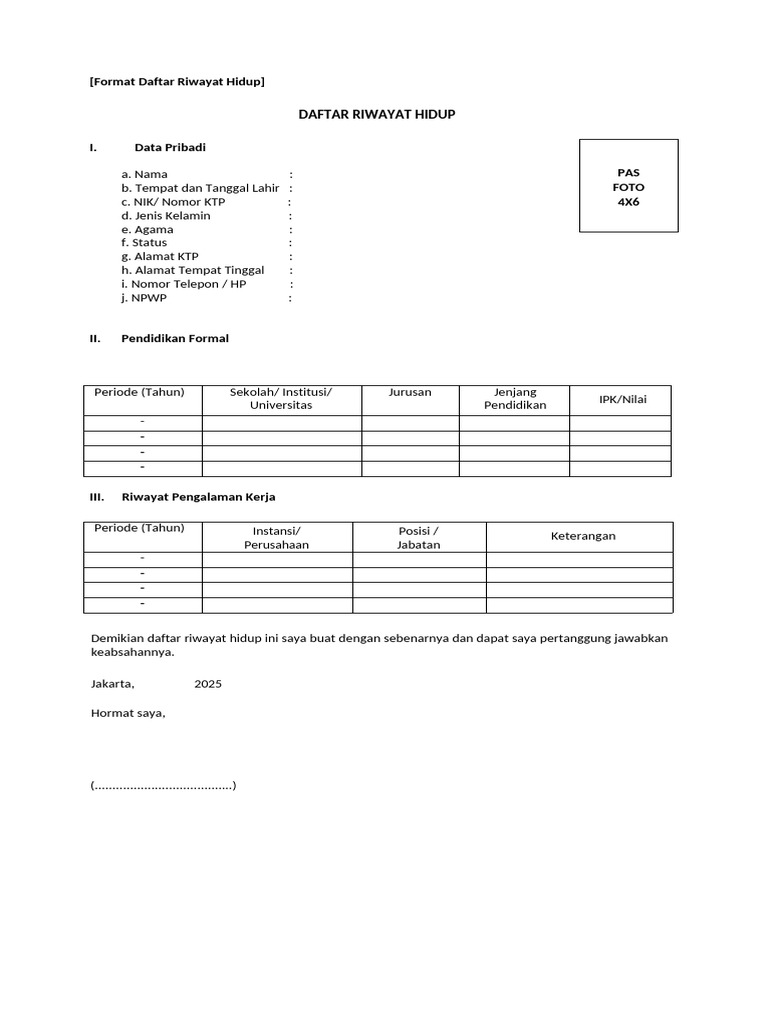 Contoh Format Daftar Riwayat Hidup 2025 | PDF