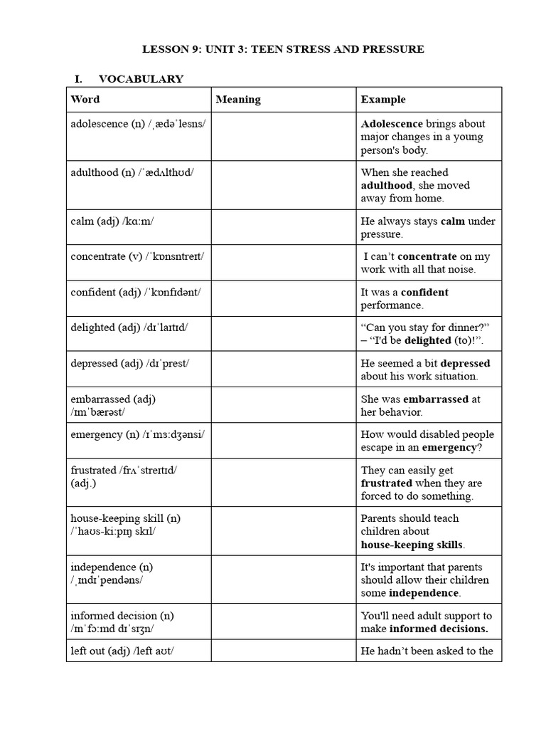 LESSON 9 - UNIT 3 - TEEN STRESS AND PRESSURE - Google Tài liệu | PDF