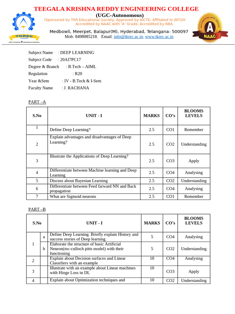 DEEP LEARNING QUESTION BANK IV-I | PDF | Statistical Classification | Cognition